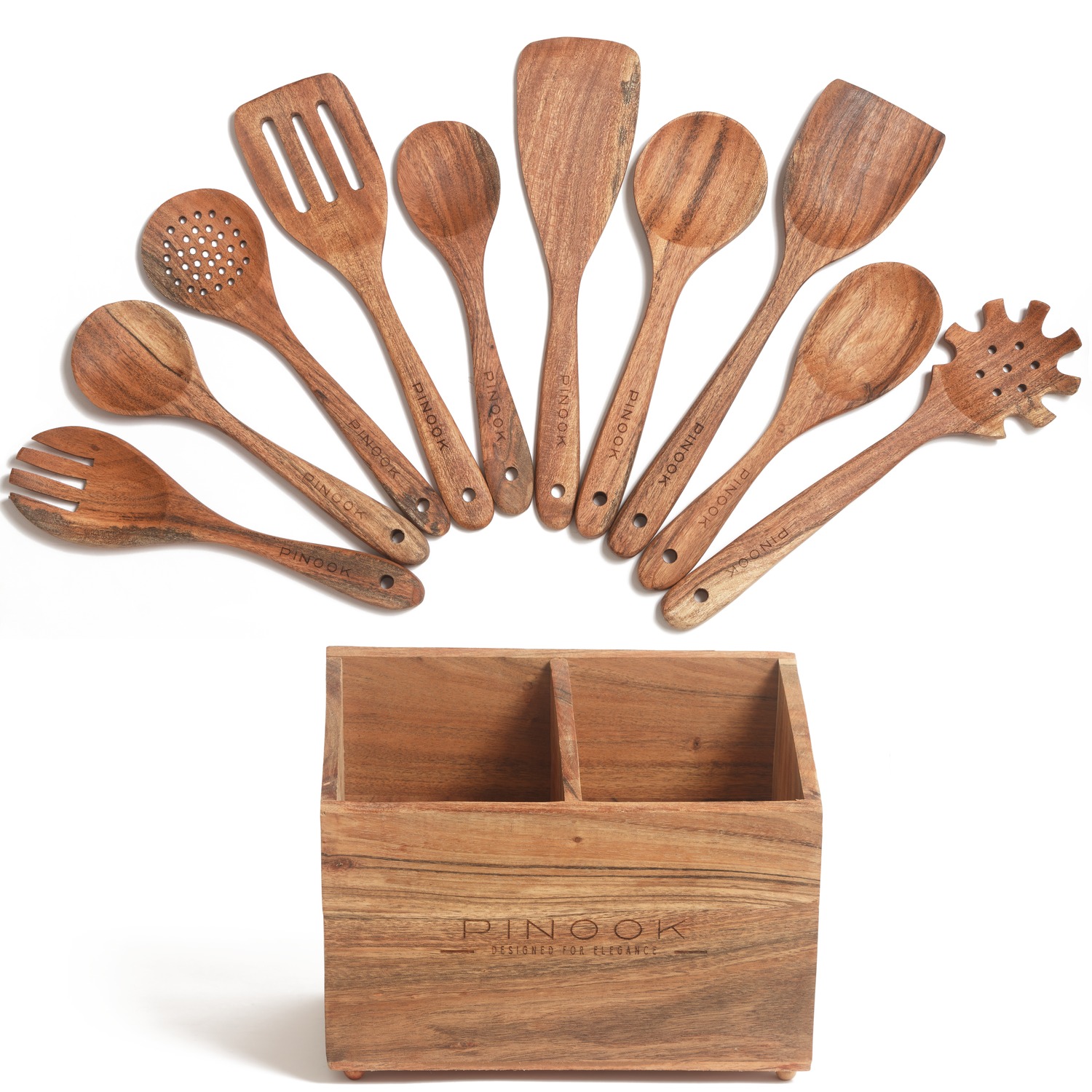 Wooden Spatula Set & Holder - 10 Pcs
